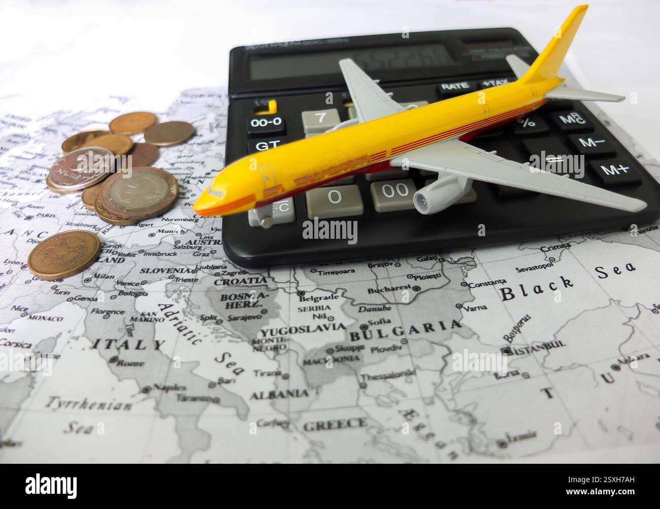 map calculator airplane and money. tourism tickets Stock Photo - Alamy