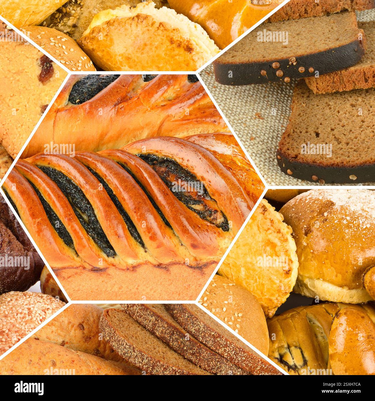 Bread and Warious sweet pastries background. Collage. Mosaic pattern ...