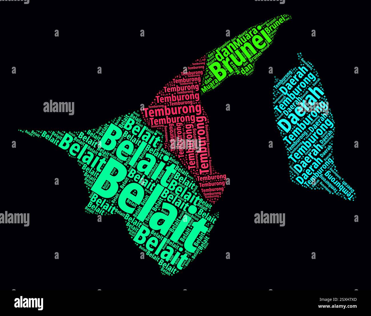 Brunei word cloud. Region names of the country in Malay language ...