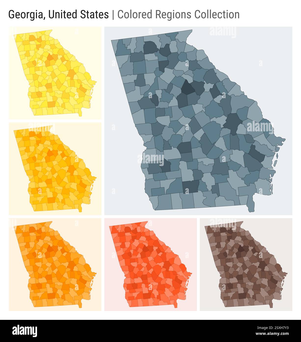 Georgia, United States. Map collection. State shape. Colored counties ...