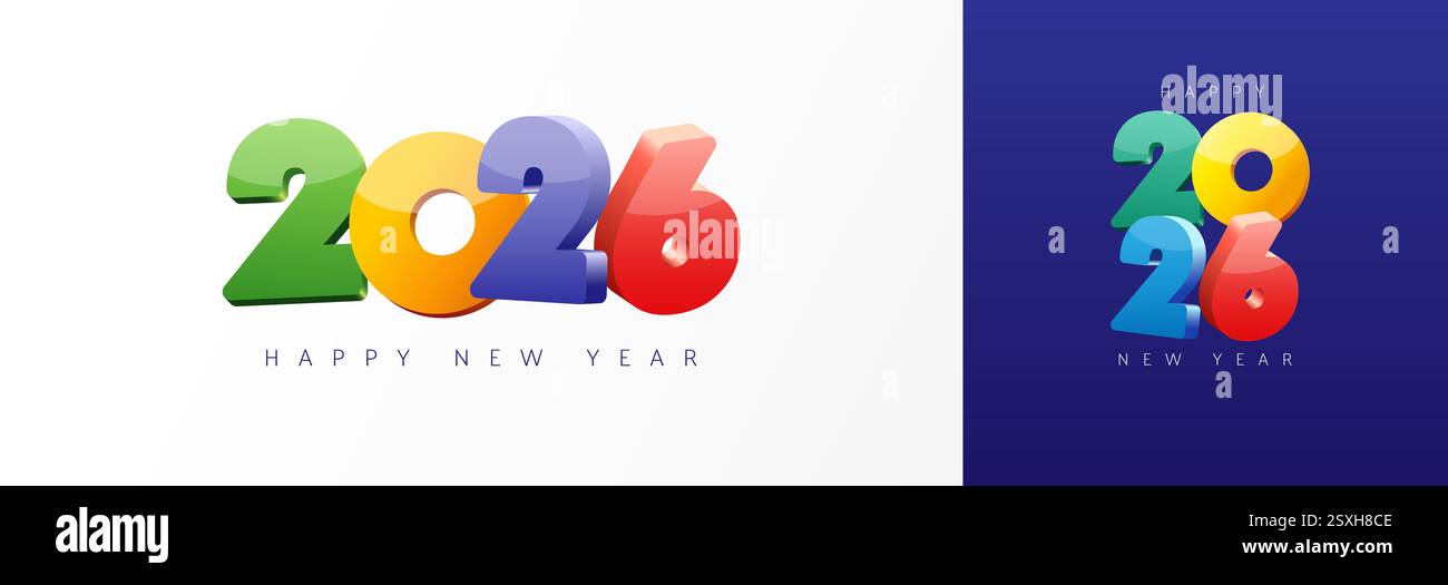 2026 Happy New Year 3D colorful typography logo design. Vertical and ...