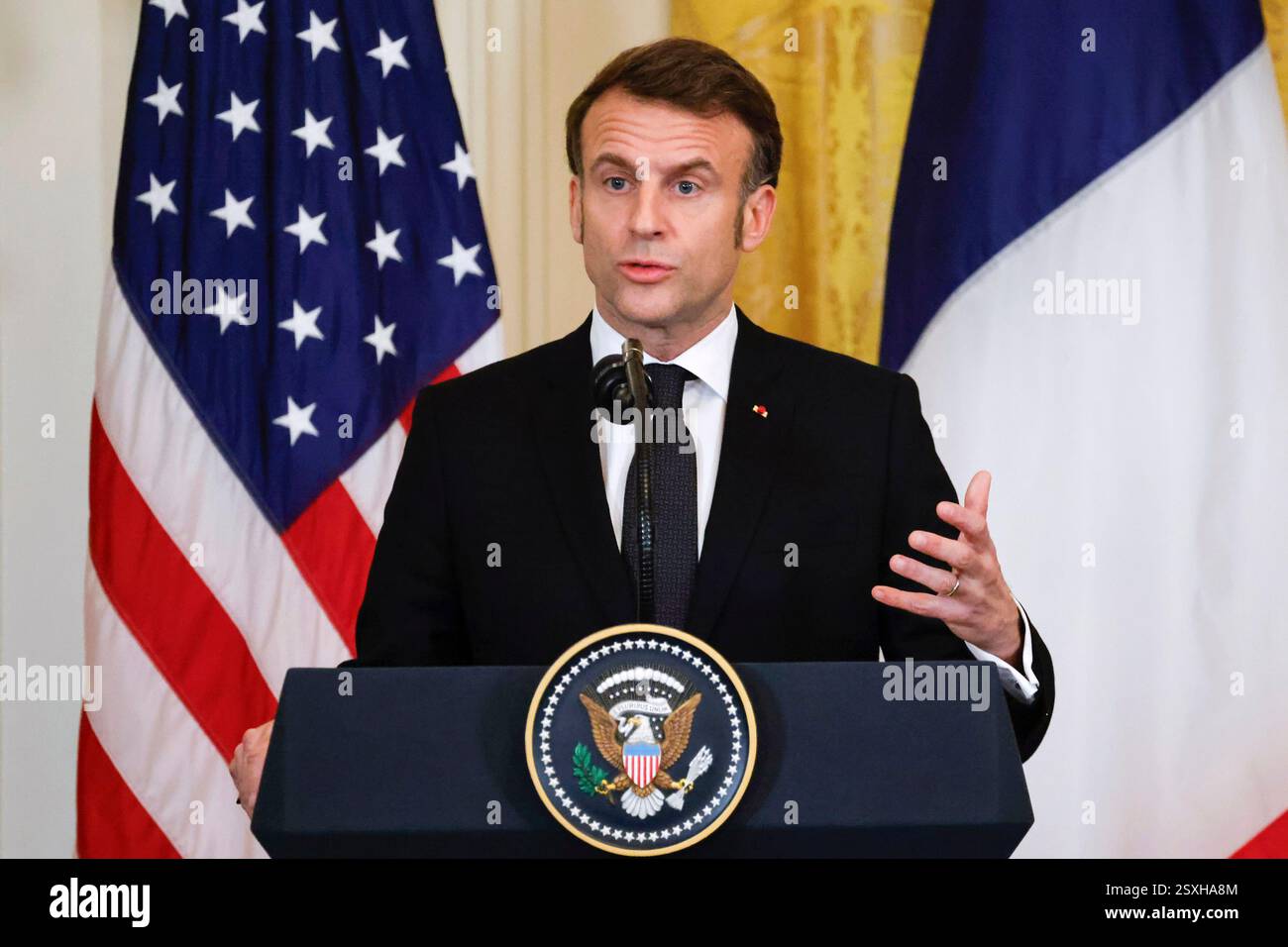 France's President Emmanuel Macron speaks during a joint press ...