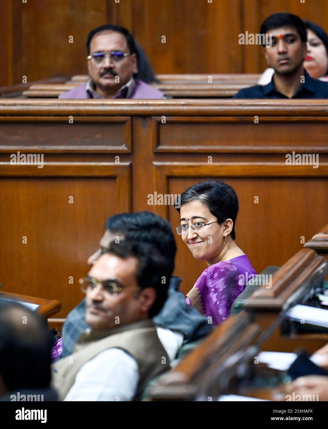 NEW DELHI, INDIA - FEBRUARY 24: LoP and AAP MLA Atishi with other MLAs ...