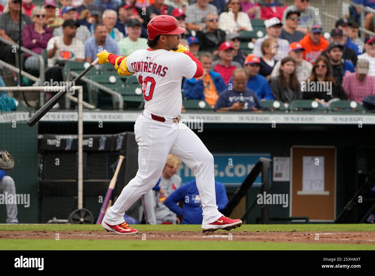 St. Louis Cardinals' Willson Contreras follows through on a double ...