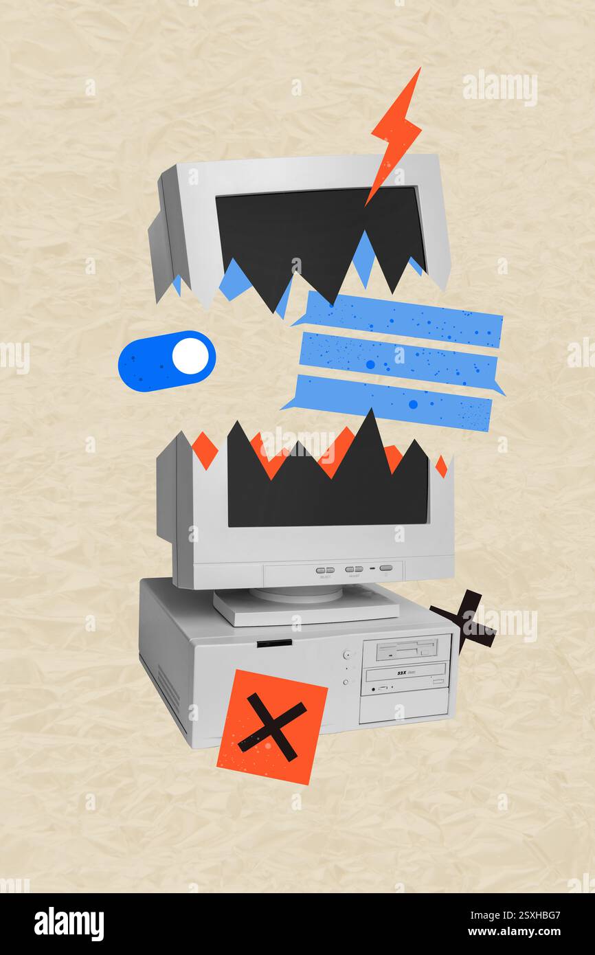 Vertical sketch 3d artwork collage poster of broke pc monitor software multitask switch button ...