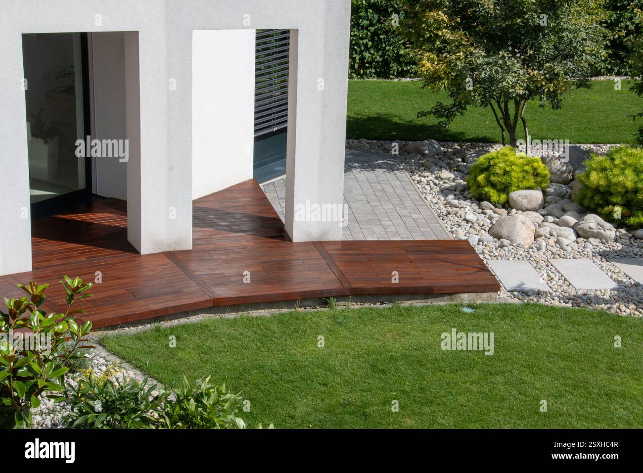 Exterior of contemporary house with hardwood boardwalk and garden ...