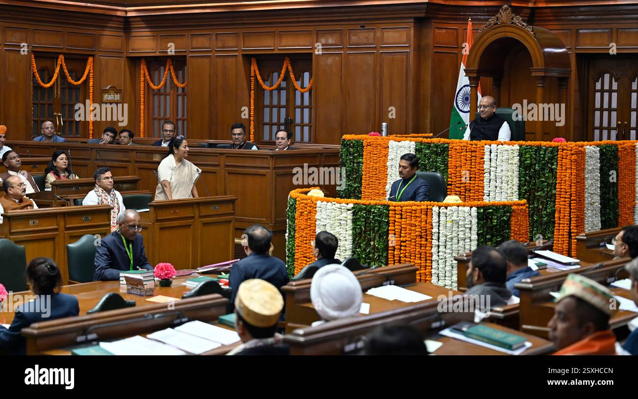 NEW DELHI, INDIA - FEBRUARY 24: Delhi CM Rekha Gupta adresses the Delhi ...