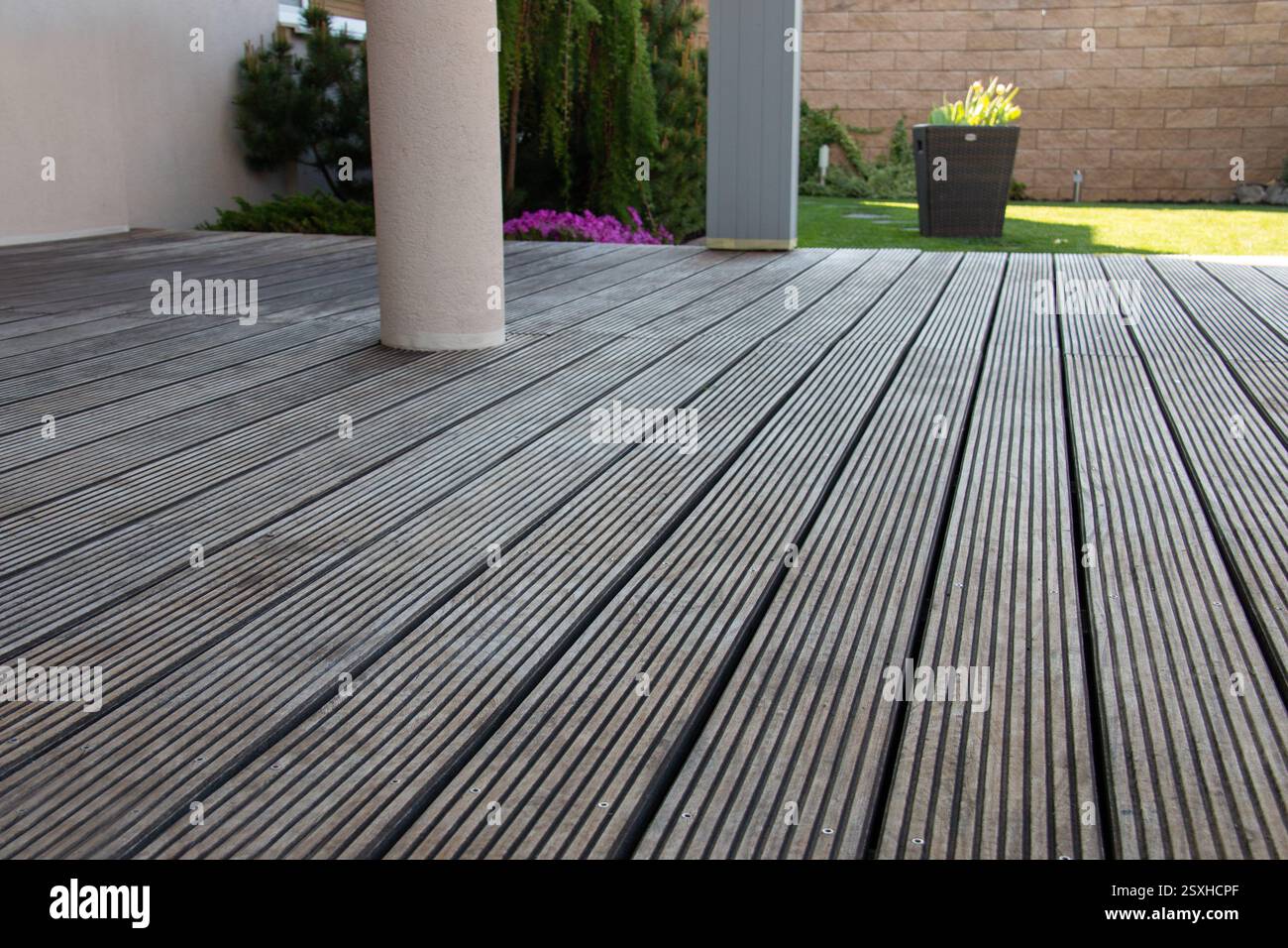A well-maintained wooden deck showcases horizontal planks in a sunny ...