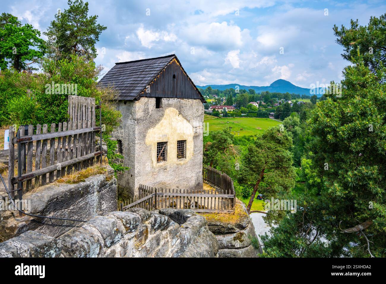 Nestled on a rocky outcrop, the ruins of Sloup v Cechach castle ...