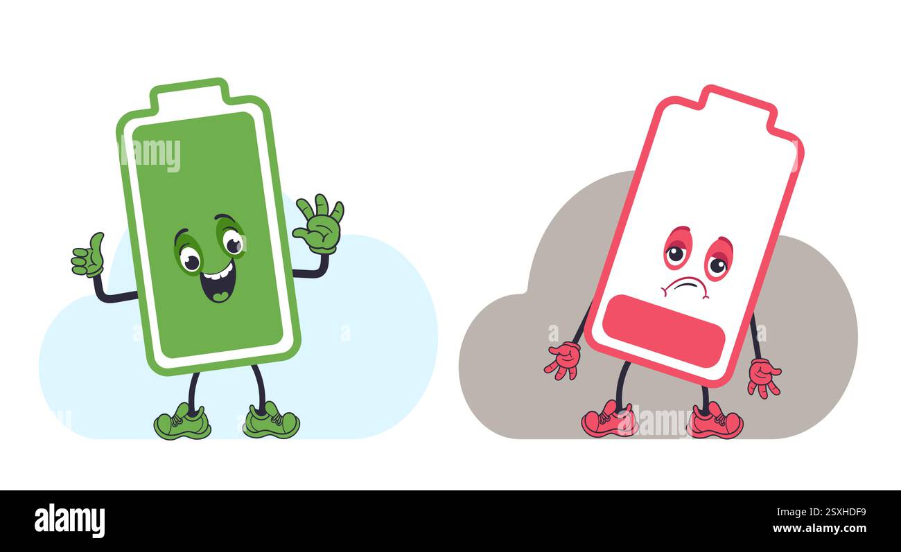 Two cartoon batteries. Green charged and red discharged. Low energy ...