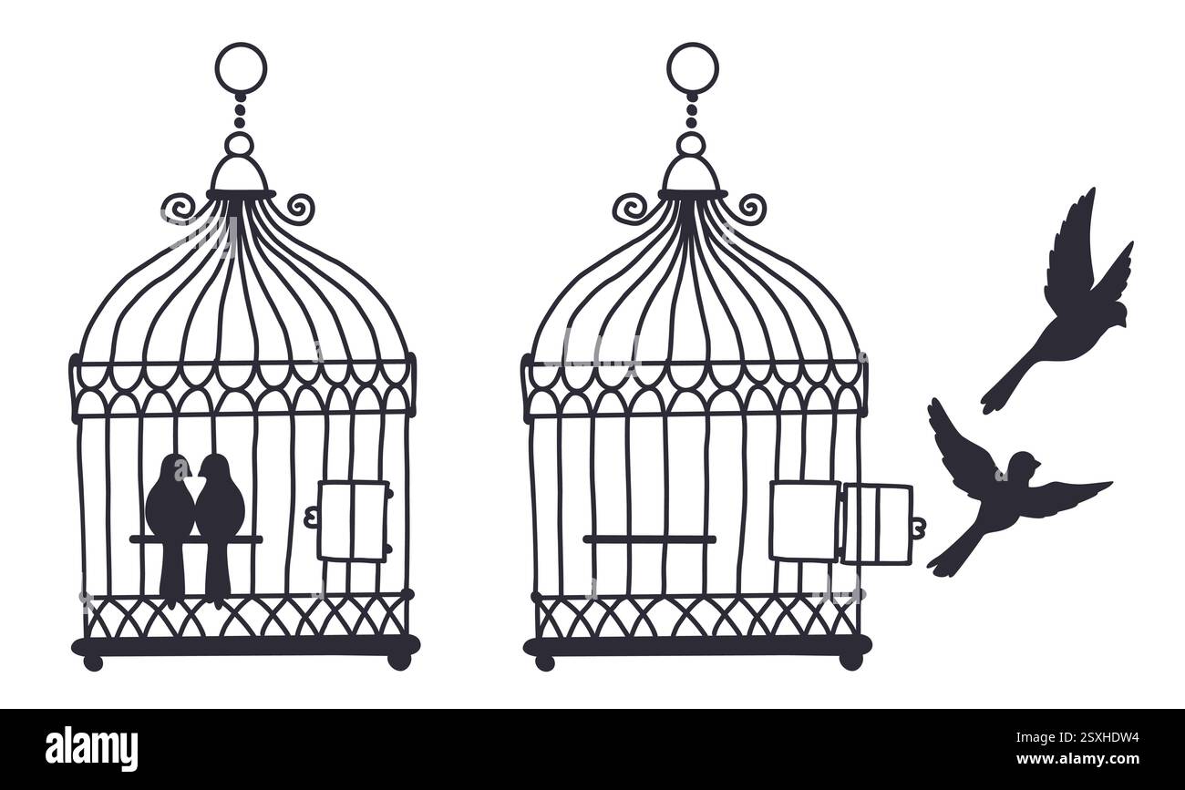 Two birds in cage. Black silhouette vintage birdcages. Birdie perch ...