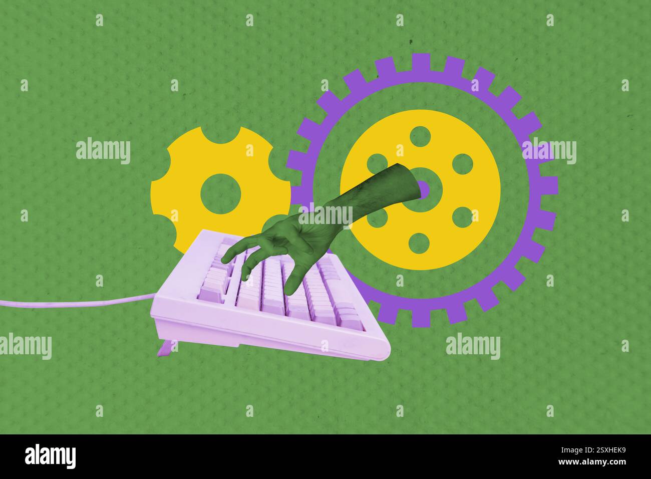 Exclusive art banner collage of it-master hand fingers type keypad buttons programming gearwheel ...