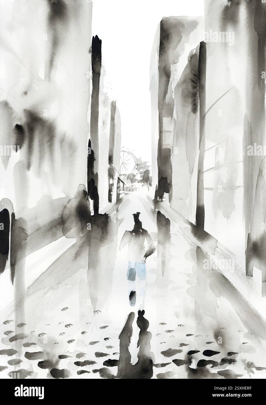 A man walking alone in the city artwork. Loneliness, adventure, social ...