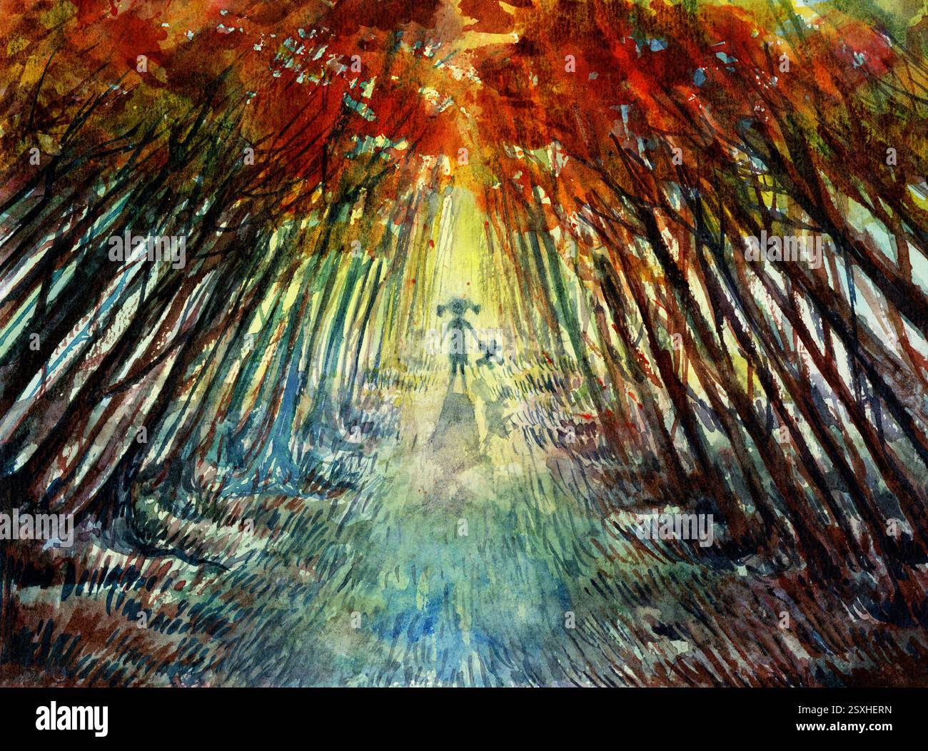 Girl with a plush bear lost in woods painting artwork. Scary world ...