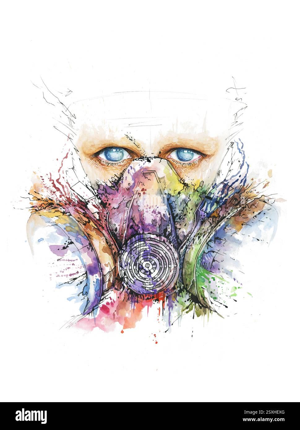 A man wearing a respirator mask painting artwork. Virus, flu, disease ...