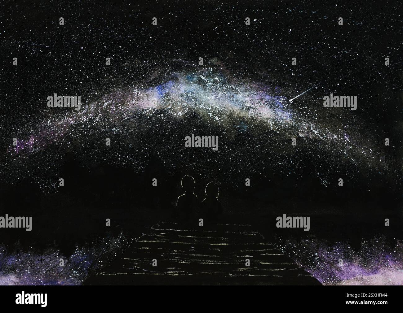 A loving couple sitting under romantic starry night sky artwork. Wonder ...