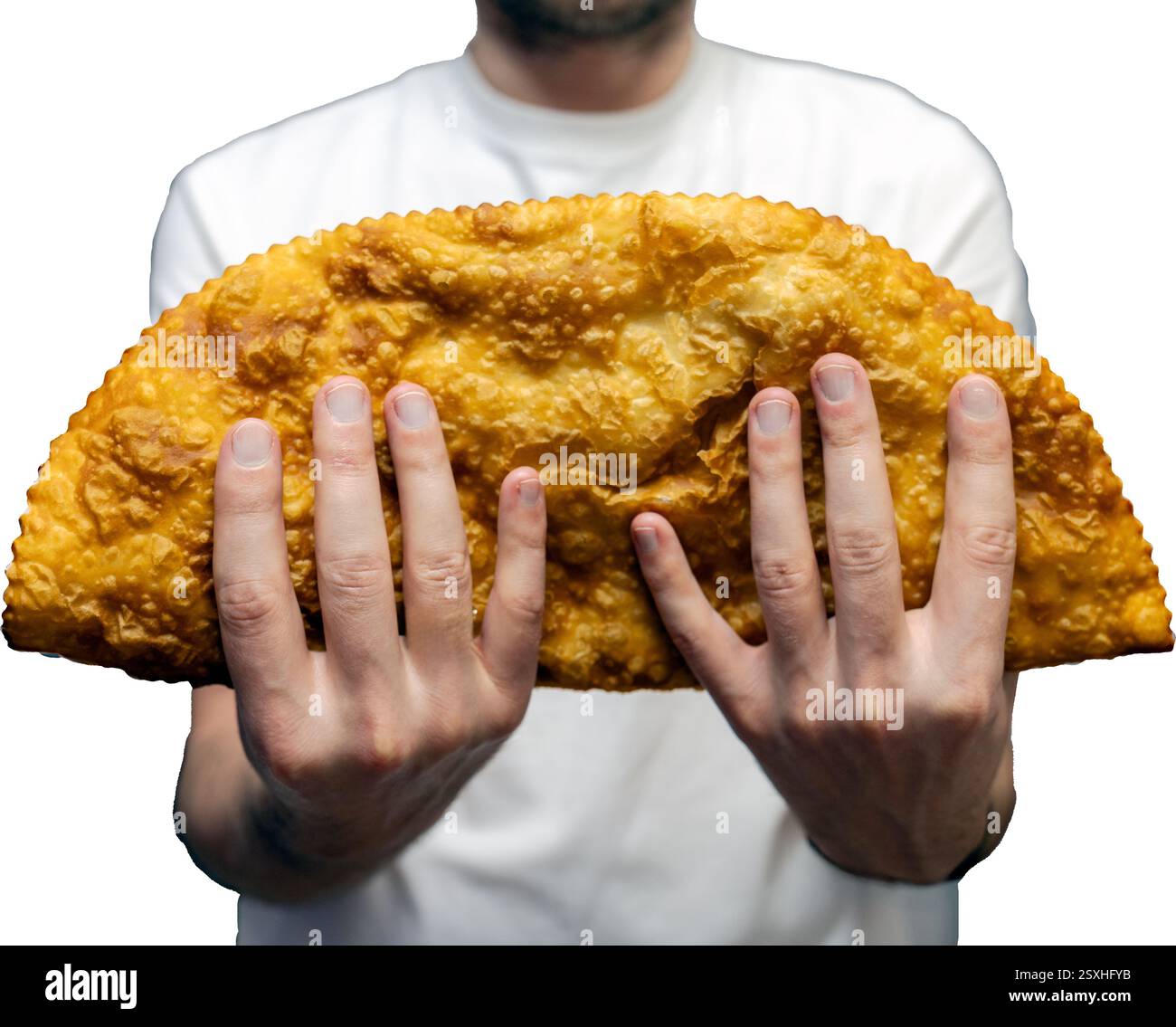 man holding big cheburek with both hands on transparent background ...