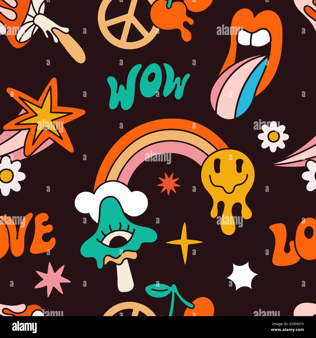 Retro groovy elements seamless pattern. Hippie 60s symbols. 70s trip ...