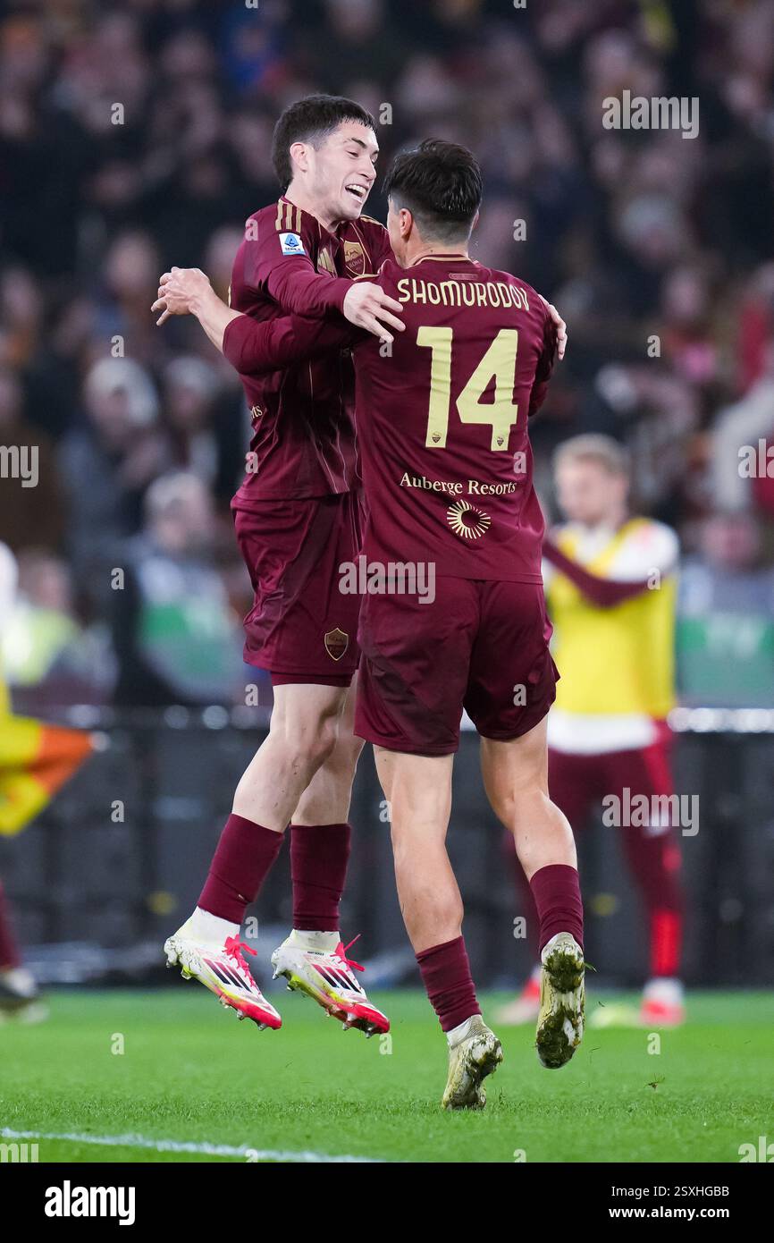 Eldor Shomurodov of AS Roma celebrates with Matias Soule' after scoring ...