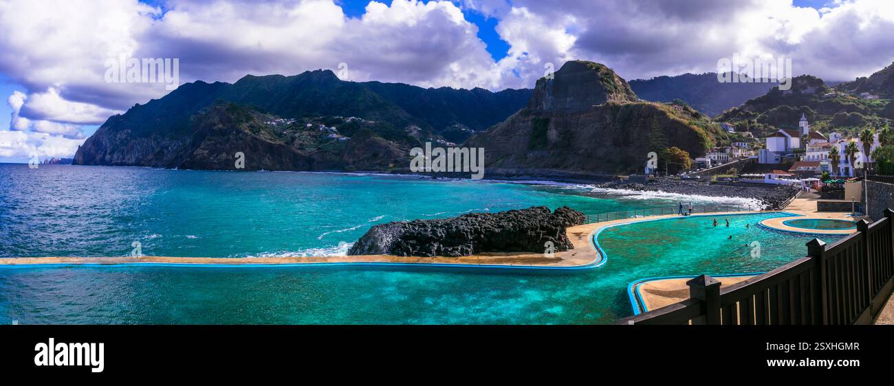 beautiful scenery of Madeira island, natural swimming pools of charming Porto da Cruz village ...