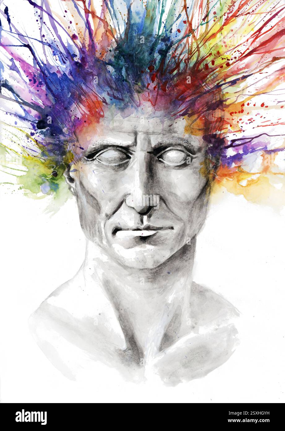 Colorful exploding ancient academic statue portrait artwork. Creativity ...