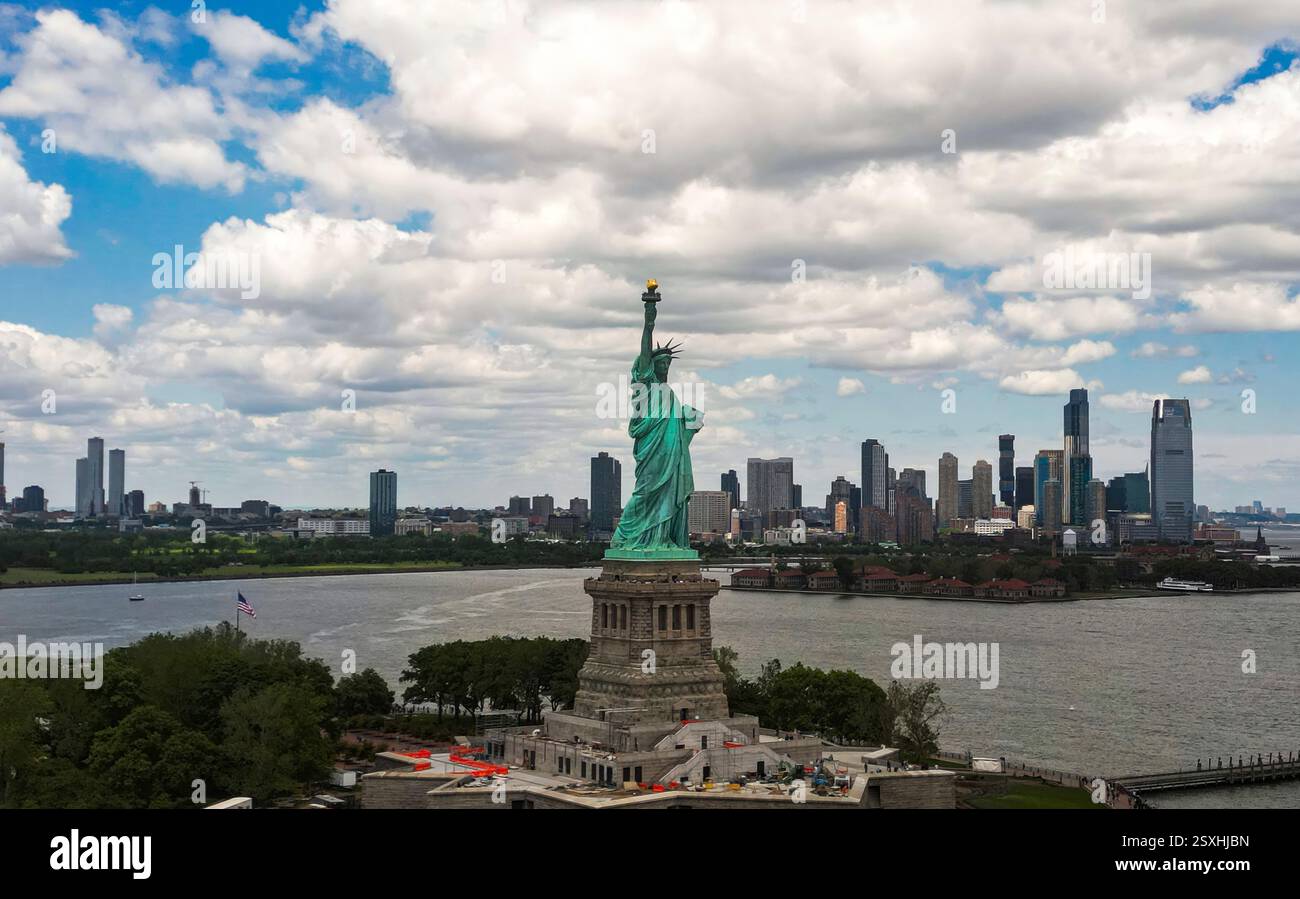 New York City with statue of liberty photo from drone. Aerial view of ...