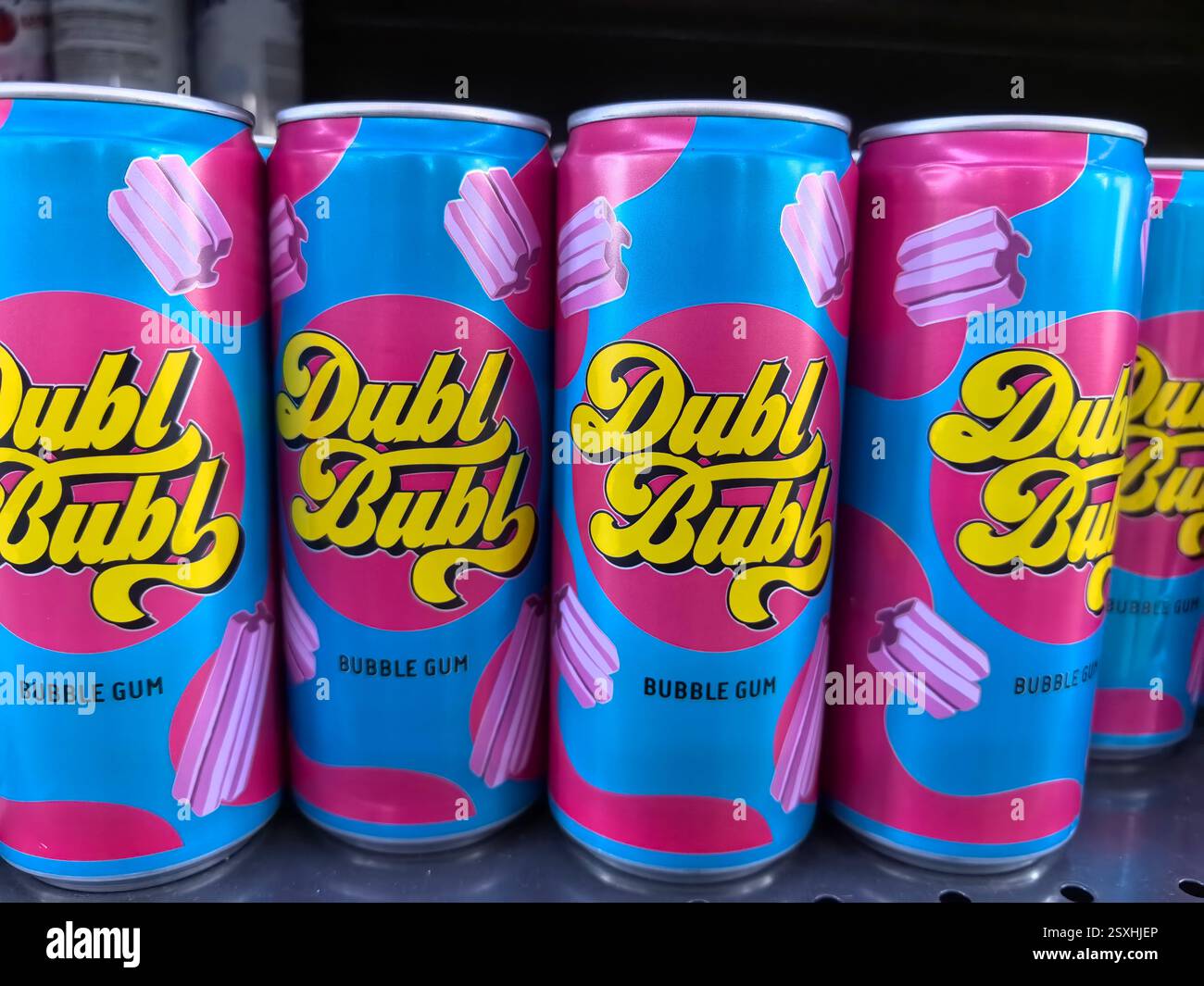 Bobruisk, Belarus - February 16, 2025: Colorful cans of bubble gum ...