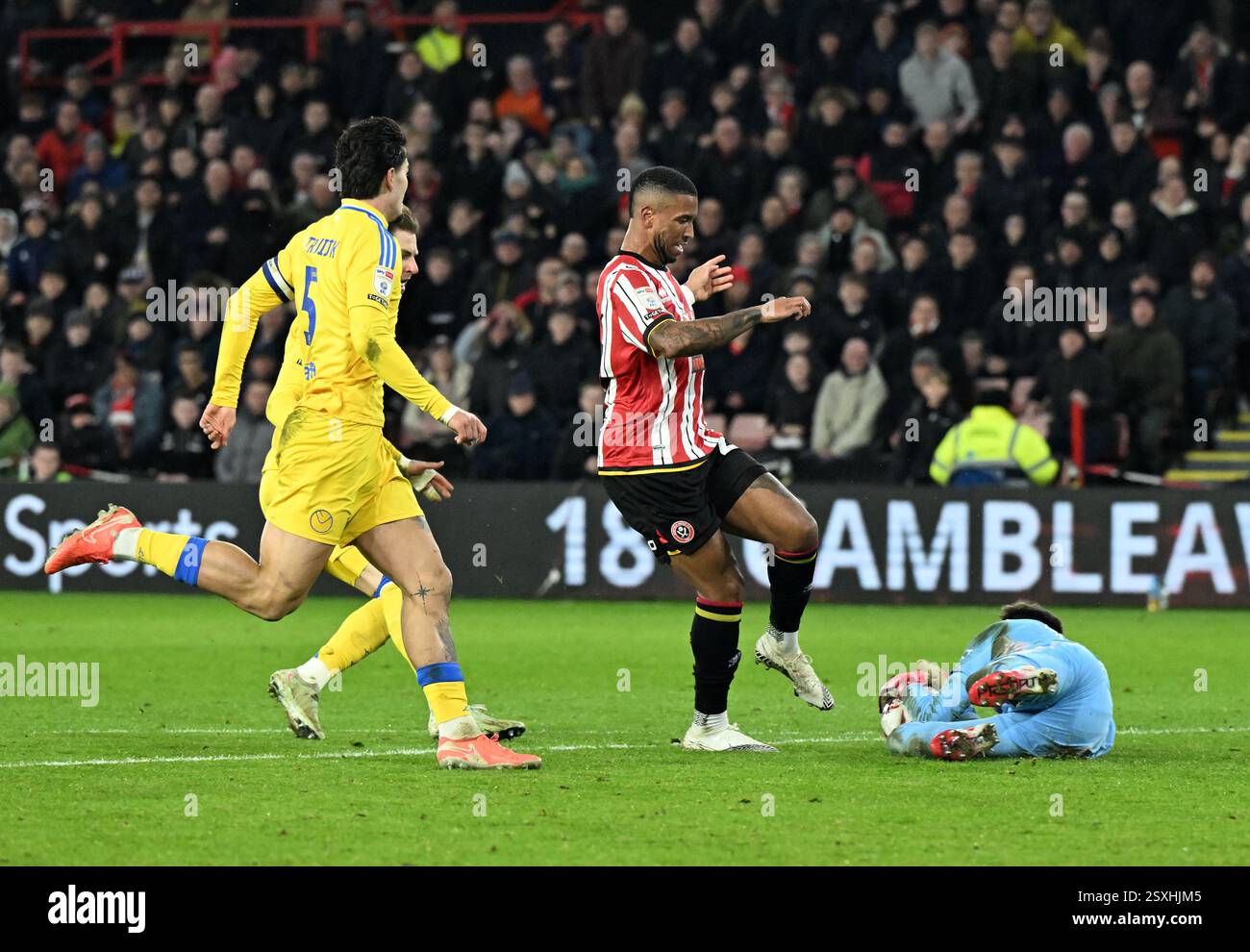 Leeds United goalkeeper Illan Meslier makes a save during the Sky Bet ...