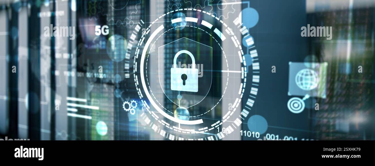 Cyber protection shield icon on server room background. Information ...