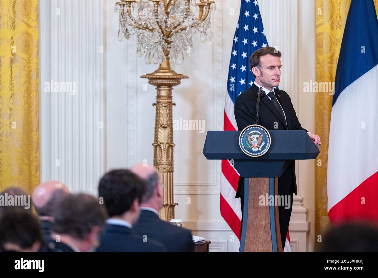 French President Emmanuel Macron at a joint press conference with U.S ...