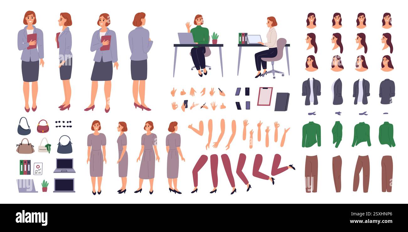 Business lady character kit. Cartoon female manager in office clothes ...