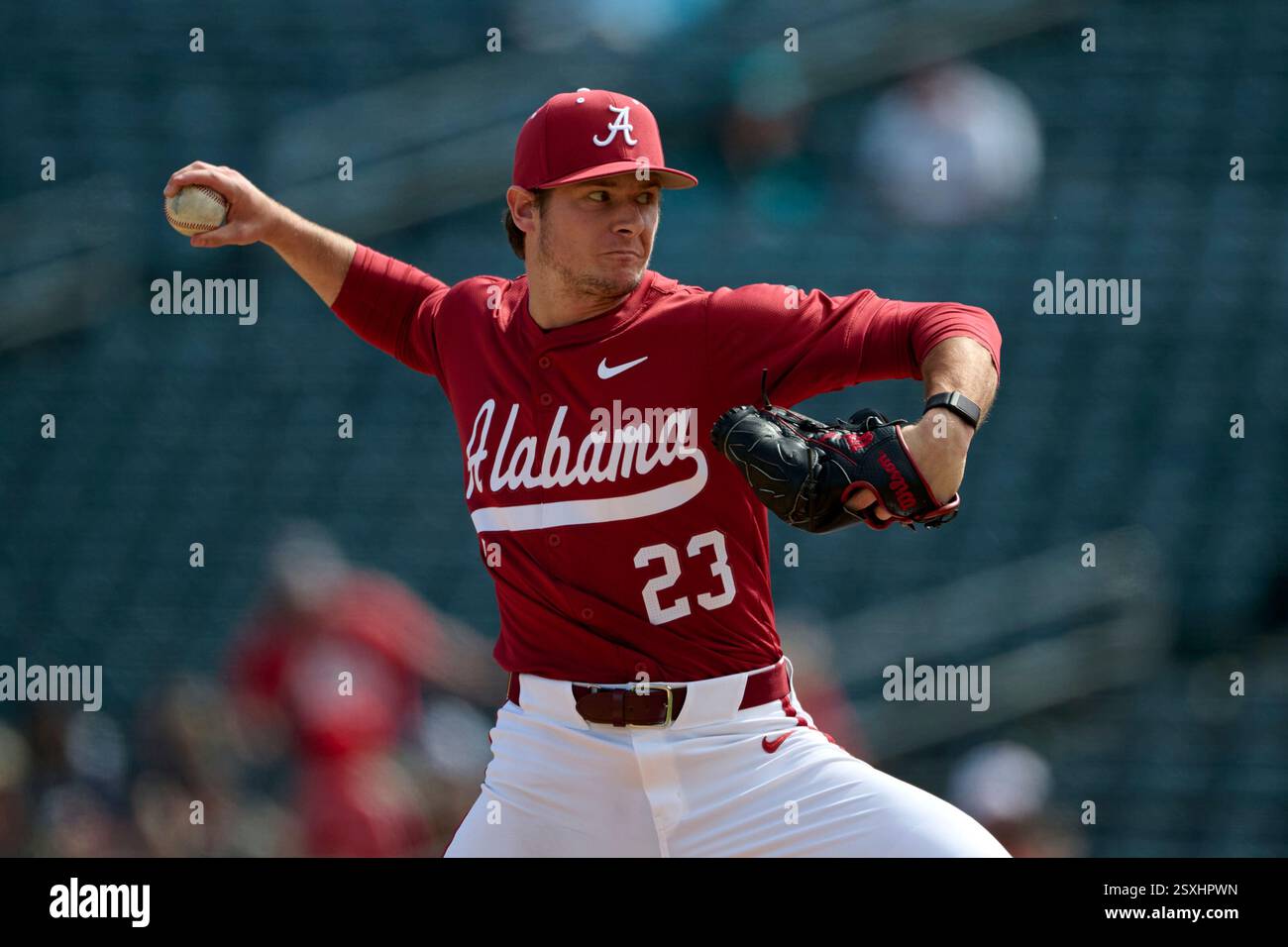 Alabama Crimson Tide pitcher Aidan Moza (23) during an NCAA baseball ...