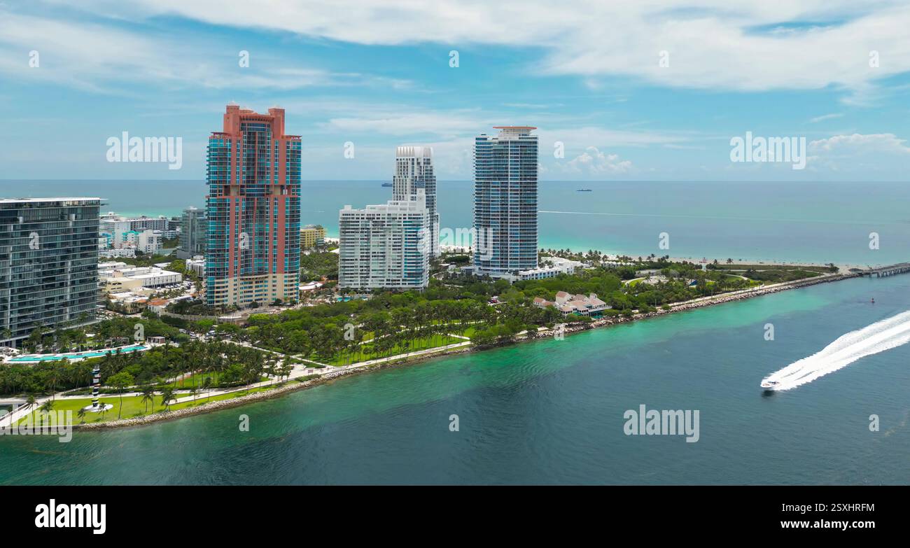 Aerial view of Miami Beach with turquoise waters. Drone shot of Miami ...