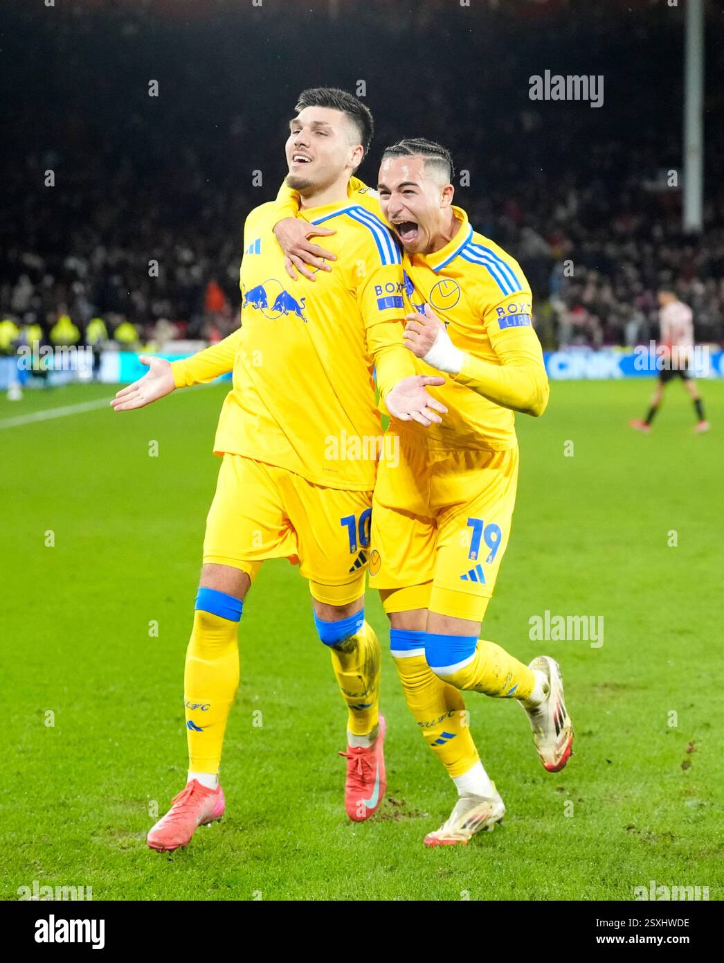 Leeds United's Joel Piroe and Mateo Joseph celebrate at full time ...