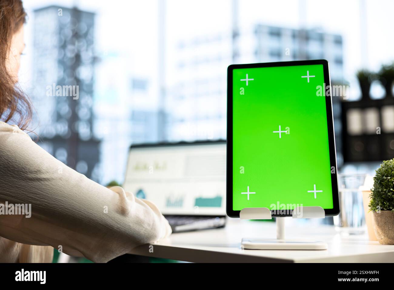 Female chief executive officer working with mockup copy space screen on ...