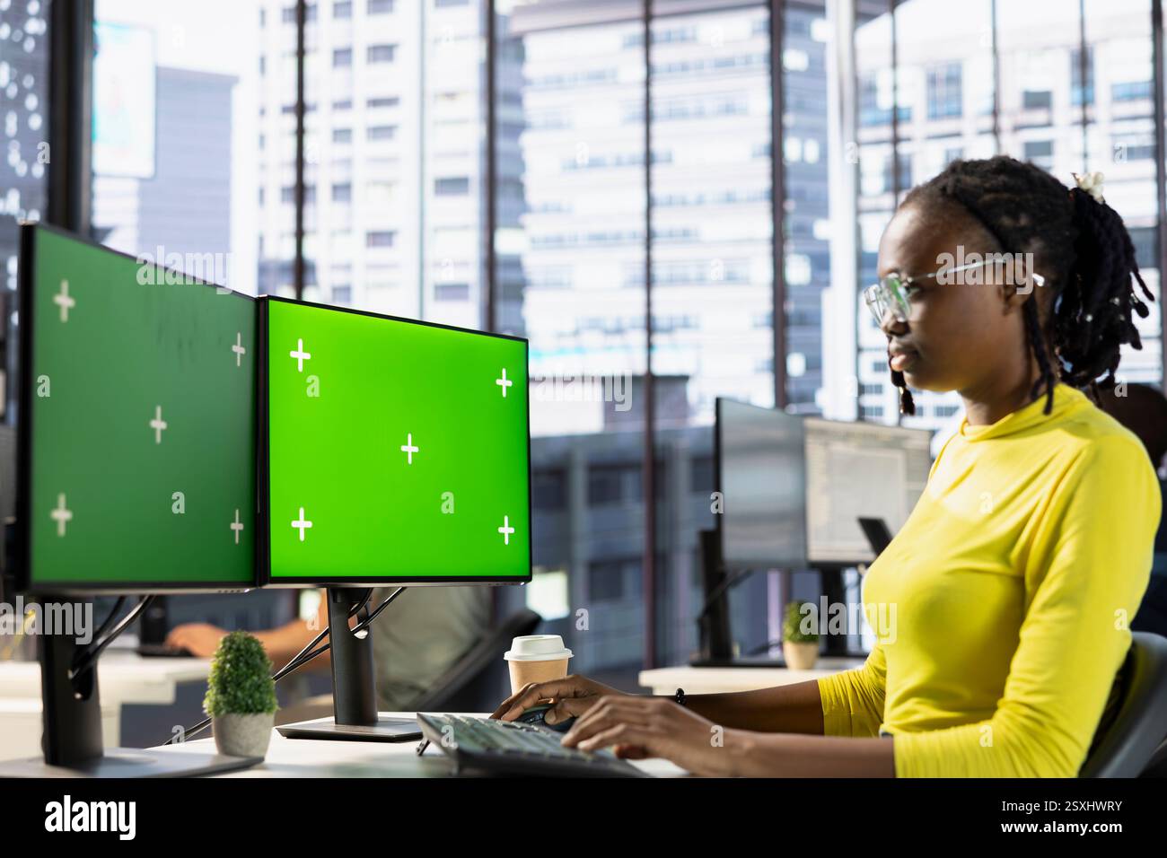Woman working with machine learning tech on isolated screen computer, advancing AI innovating ...