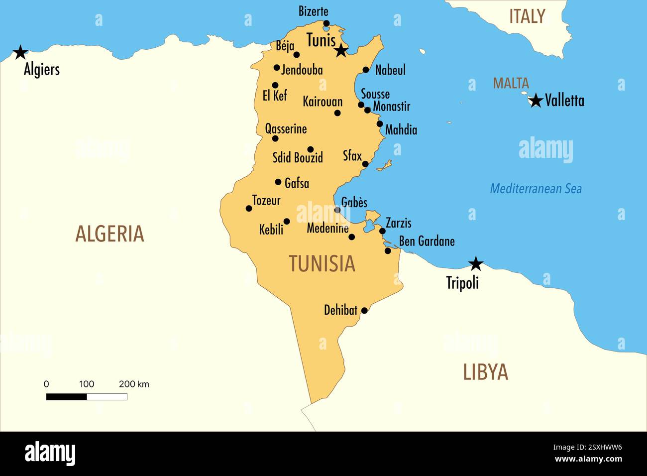 Map of Tunisia with Major Cities and Neighboring Countries Stock Photo ...