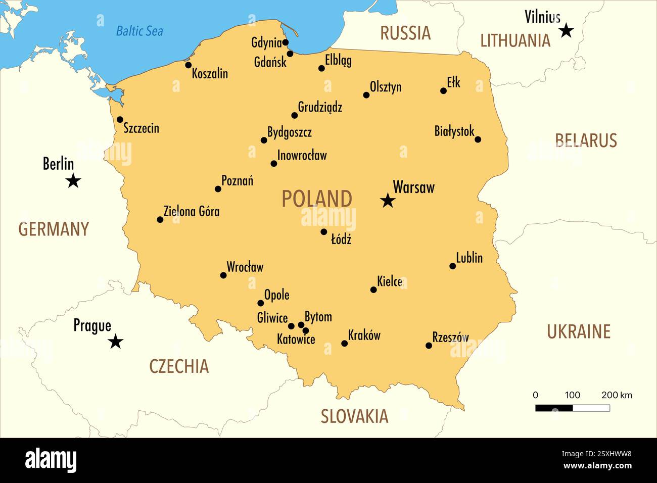 Map of Poland with Major Cities and Neighboring Countries Stock Photo ...