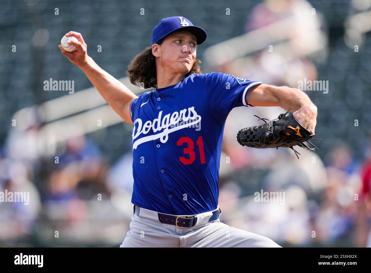Los Angeles Dodgers starting pitcher Tyler Glasnow throws during the ...