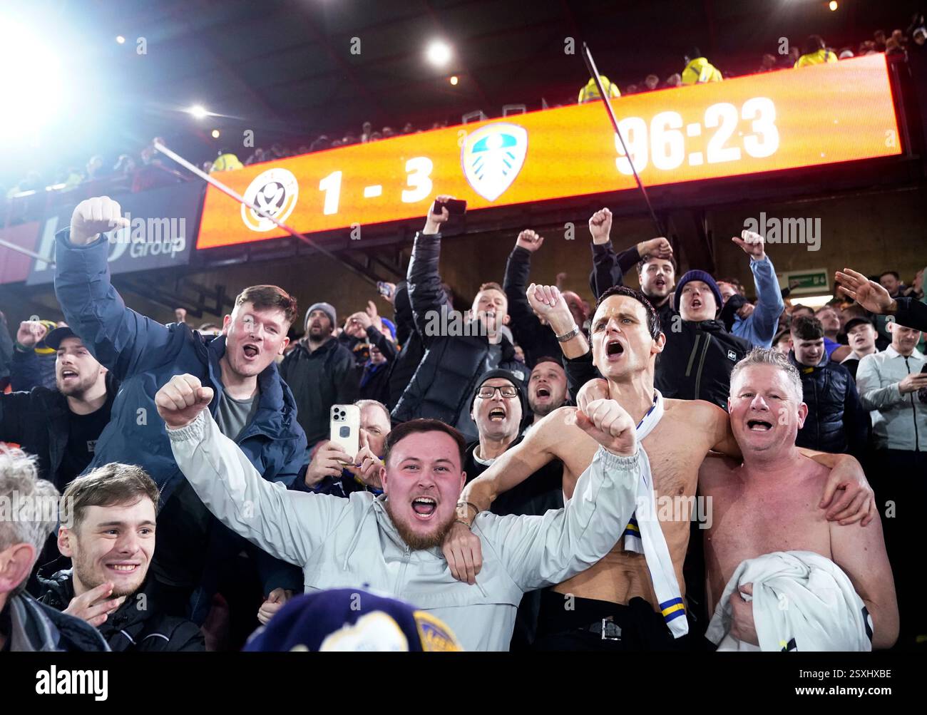 Leeds United fans celebrate at full time during the Sky Bet ...