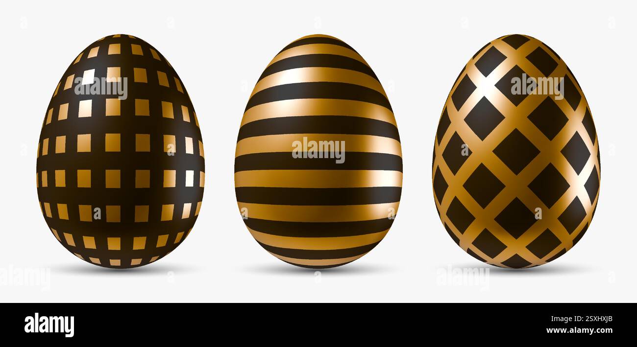 Realistic 3D golden eggs with black patterns. Vector egg objects ...