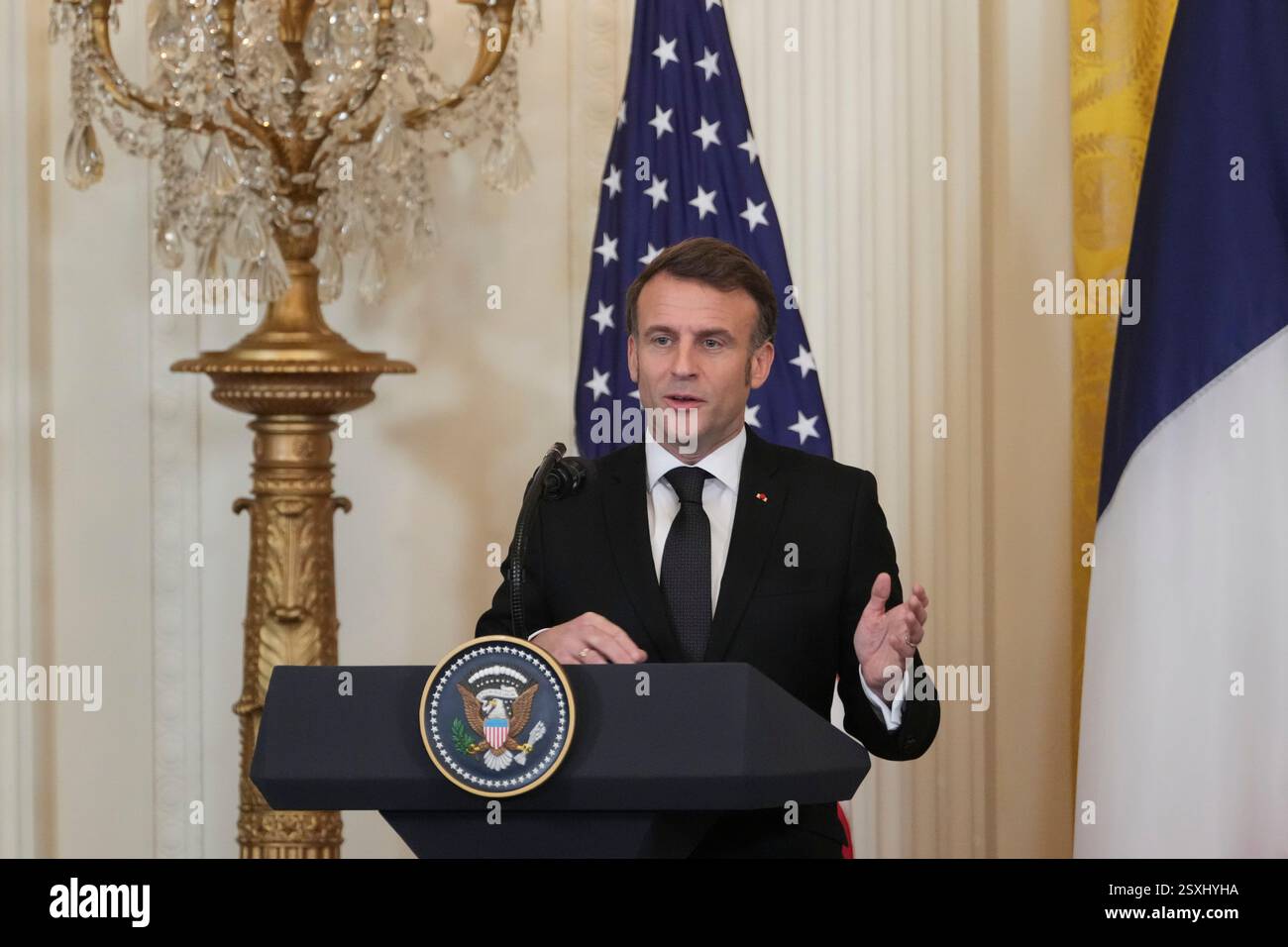 President Emmanuel Macron of France participates in a news conference ...