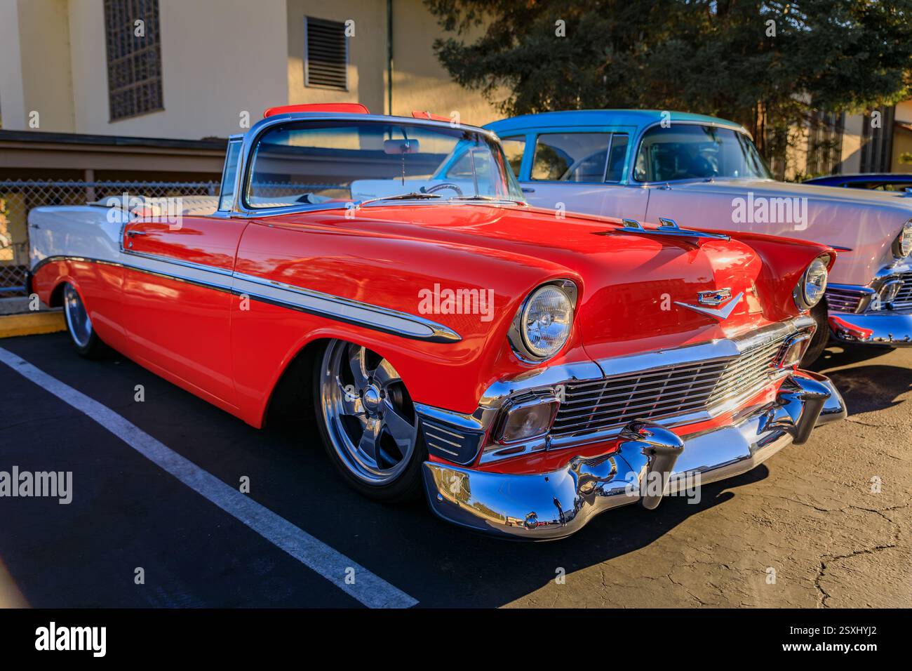 San Bruno, USA - October 7, 2022: Red and white 1956 Chevrolet Bel Air ...