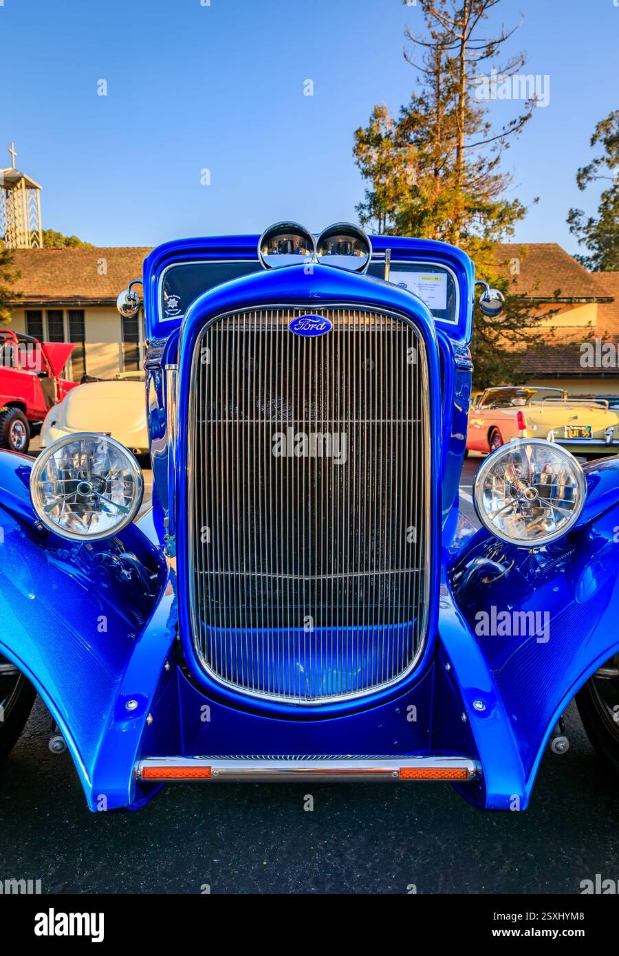 San Bruno, USA - October 7, 2022: A bright blue 1932 Ford 3 window ...