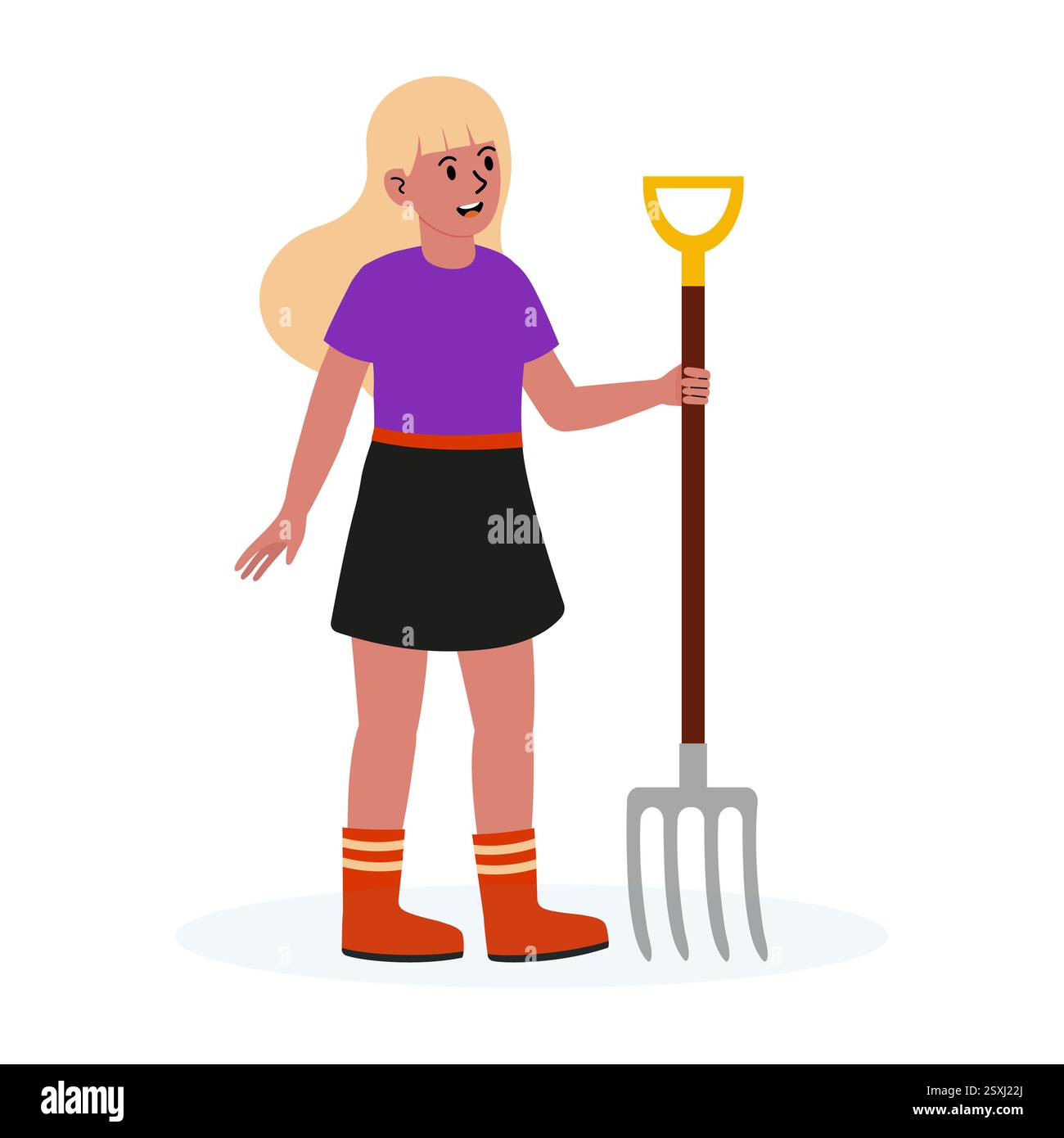 Girl in boots smiling while holding a garden fork on a vibrant farm ...