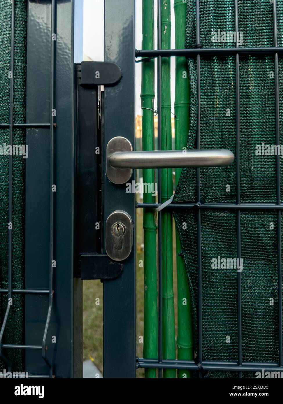 Privacy-enhanced metal wire garden gate with bamboo slats and a secure ...