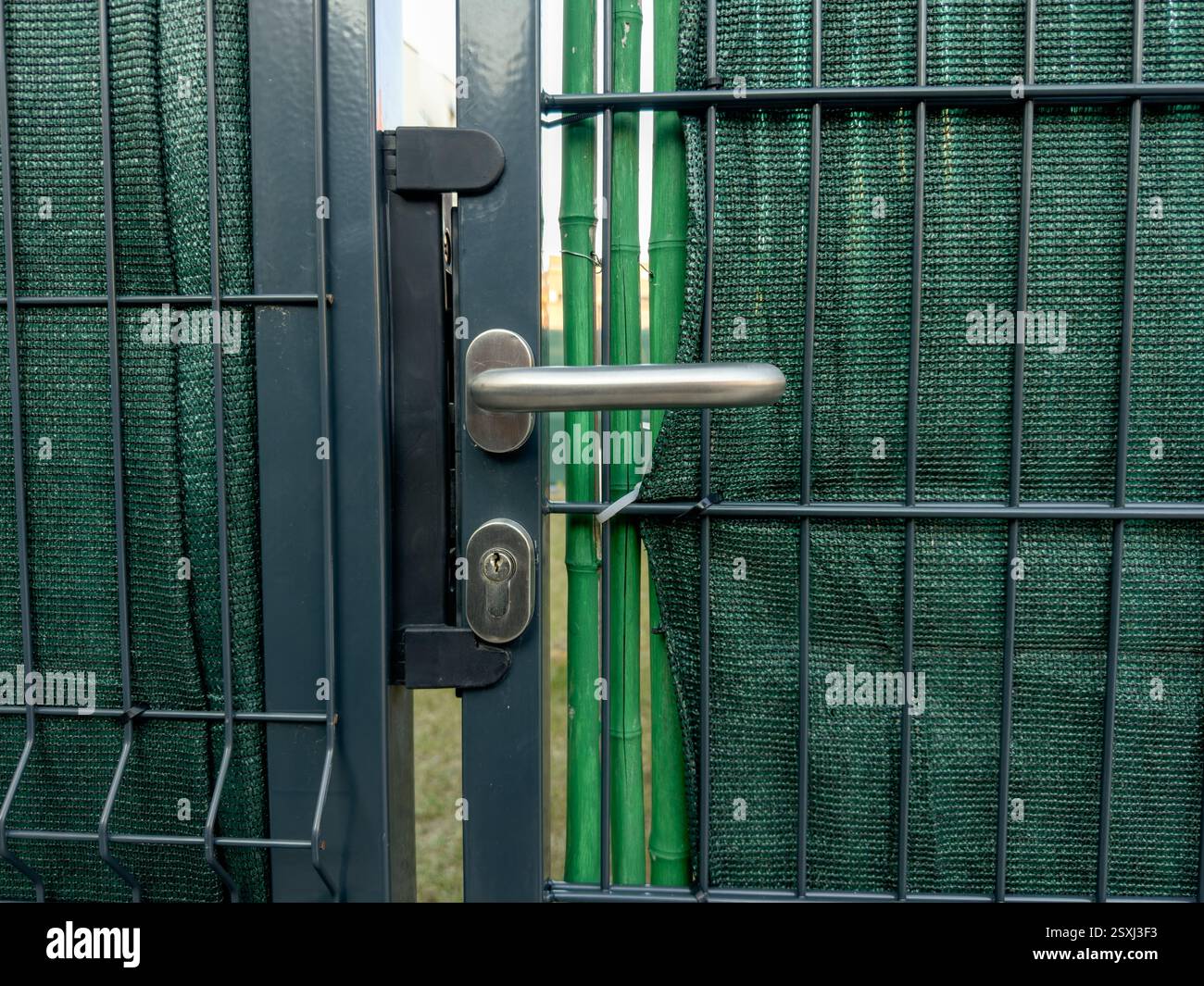 Privacy-enhanced metal wire garden gate with bamboo slats and a secure ...