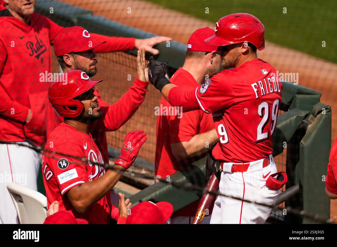 Cincinnati Reds' TJ Friedl (29) returns to the dugout after scoring off ...