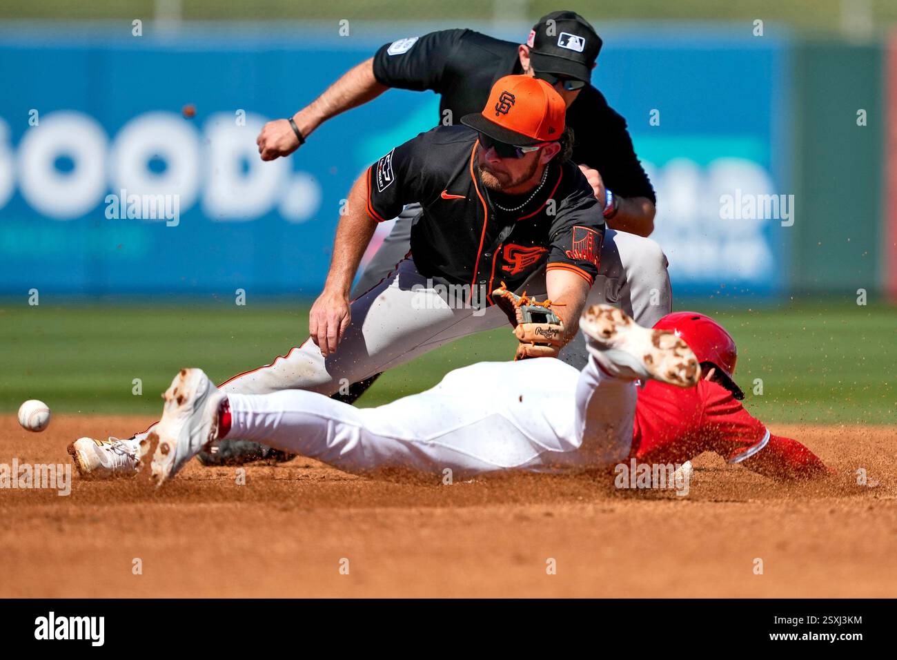 Los Angeles Angels' Kevin Newman steals second as San Francisco Giants ...