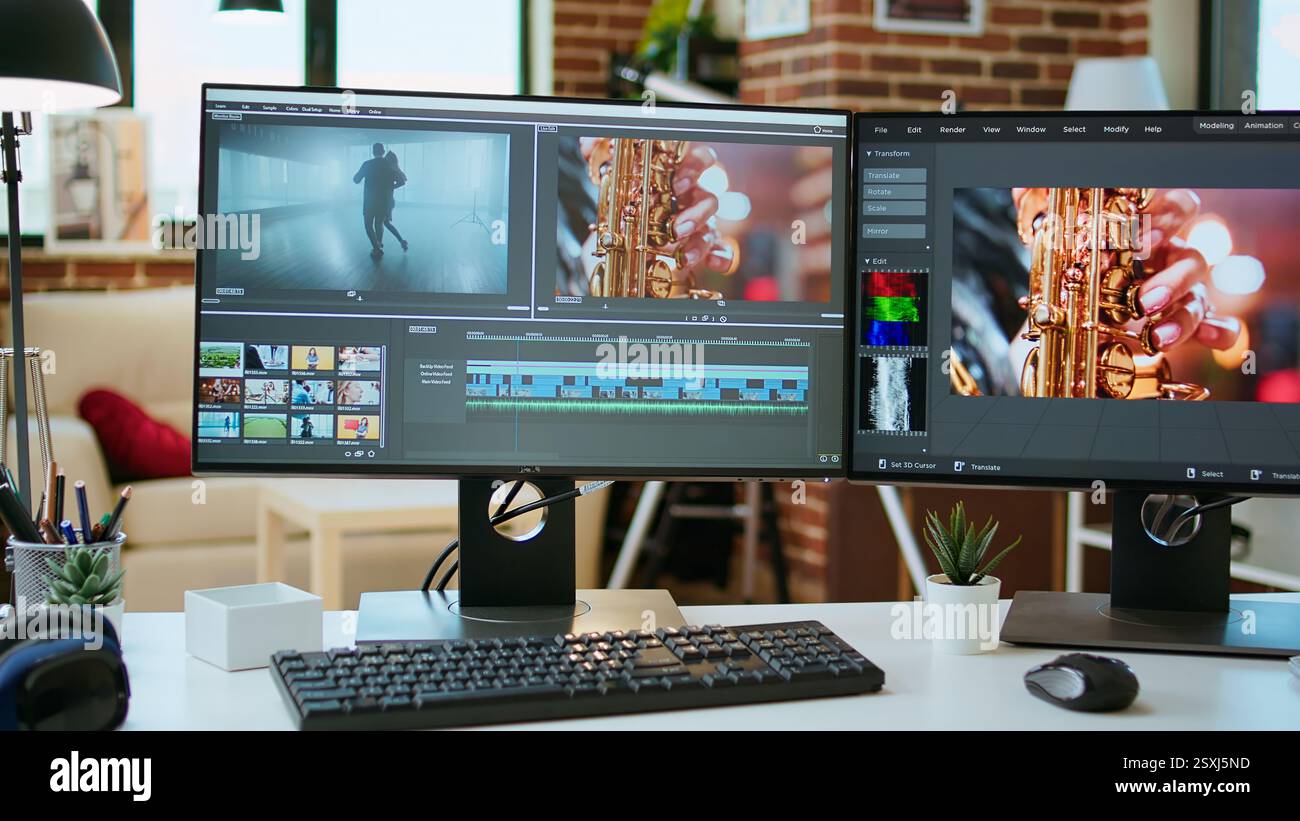 Empty office desk with a video editing software running on computer ...